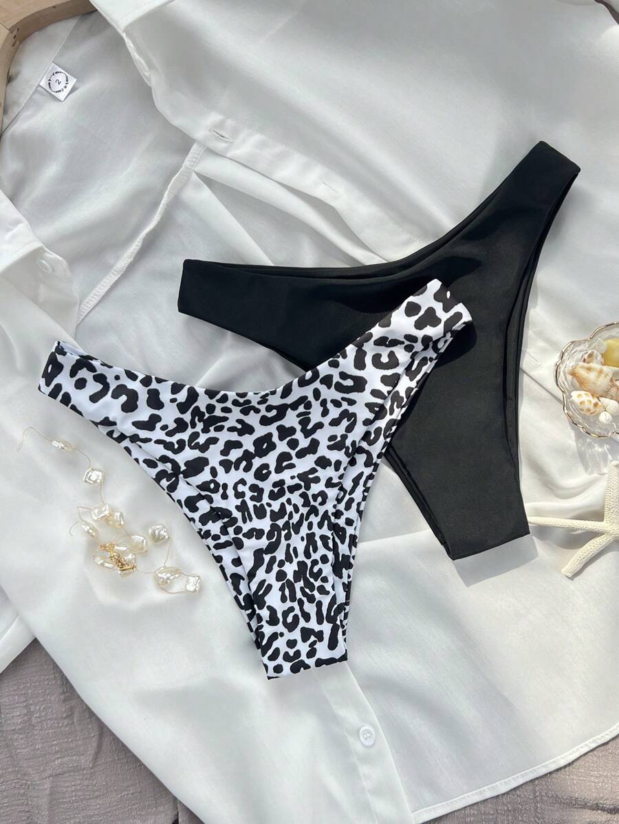 Swim Vcay 2pcs Women Plain & Leopard Print Swimwear Bottoms Leopard ...