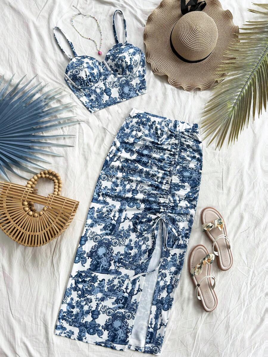 SHEIN Tall Women 2pcs Set Blue & White Vintage Floral Statue Print Crop ...