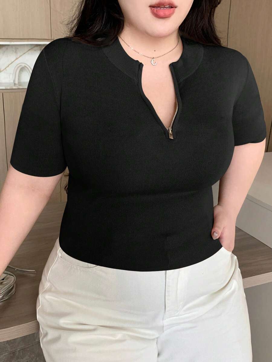 Dazy Plus Plus Size Solid Color Half Zip Spliced Knit Top, Spring ...