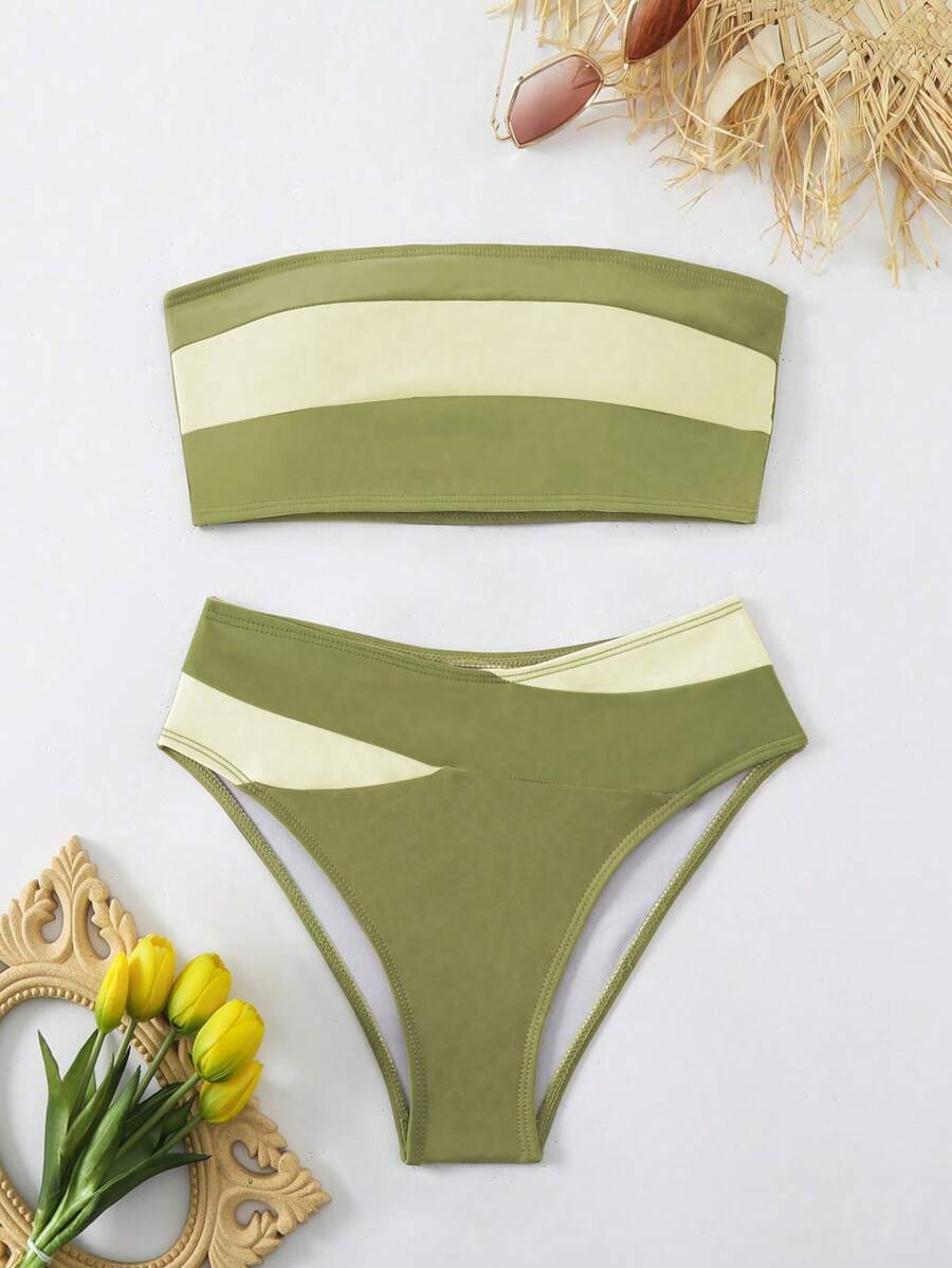 Swim Vcay Women's Contrast Color Bandeau Bikini Swimwear Set, Sexy ...