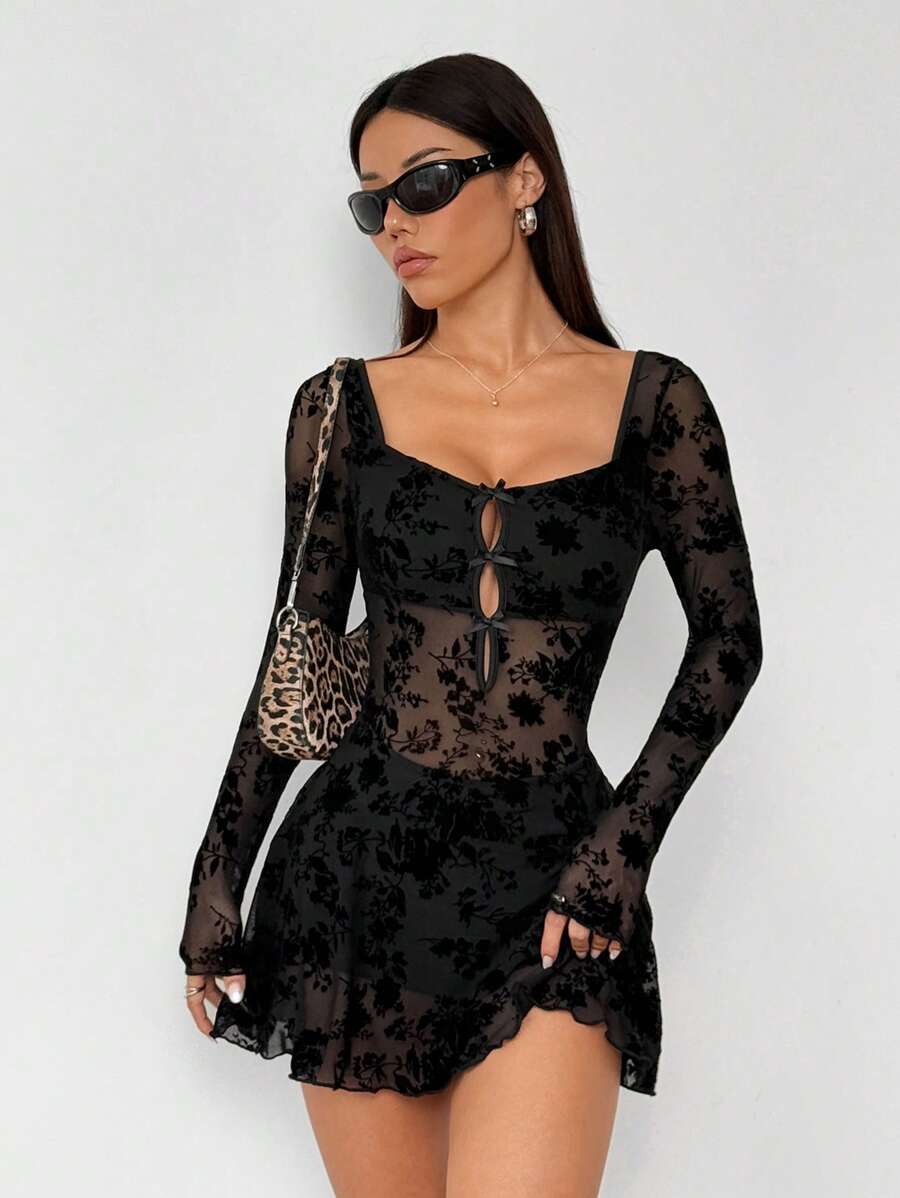 SHEIN PETITE Women Flocked Mesh Cutout Bow Decor Long Sleeve See-Through Dress Fall Cloth For ...