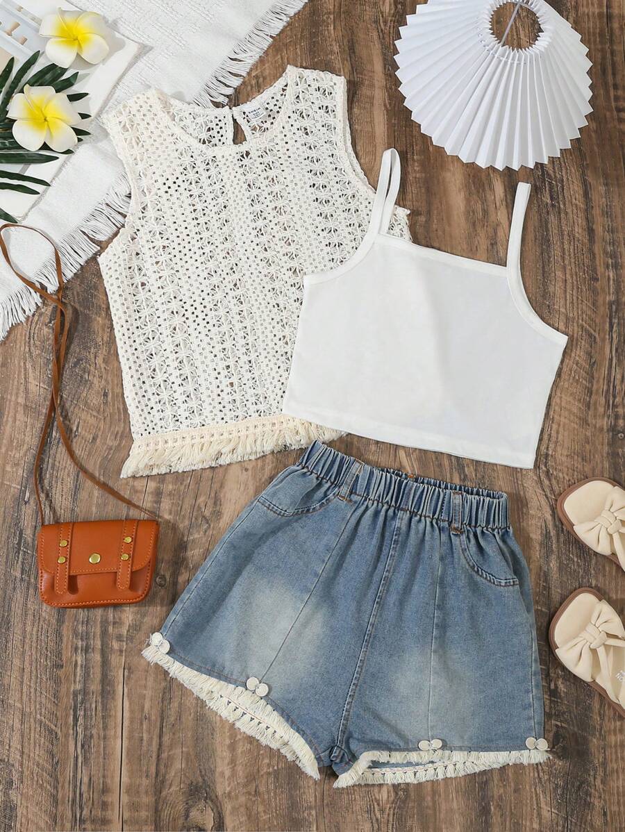 Sparklyn 3pcs/Set Tween Girl Fashion Hollow Top & Fringe-Trim White ...