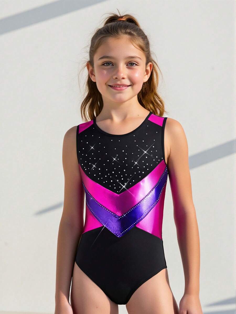 SHEIN Tween Girls Shiny Diamond Leotard Gymnastic Dancewear One-Piece ...