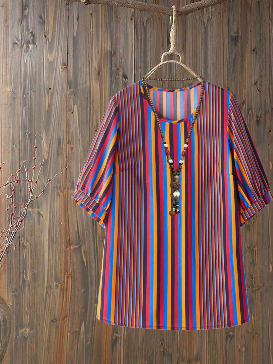 EMERY ROSE Plus Size Women Colorful Striped Round Neck Short Sleeve ...