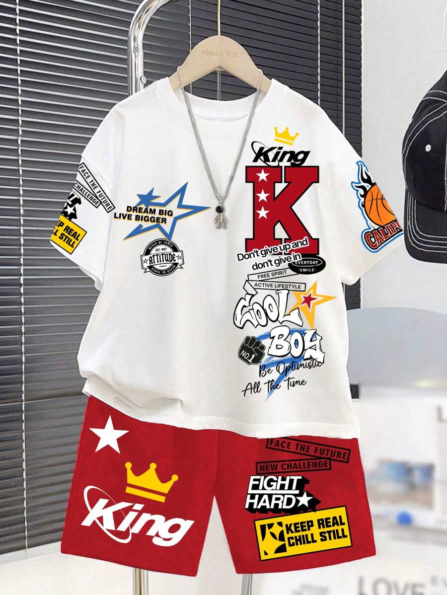 SHEIN 2pcs Tween Boy Casual Stylish Uppercase "K" King Text, Basketball ...