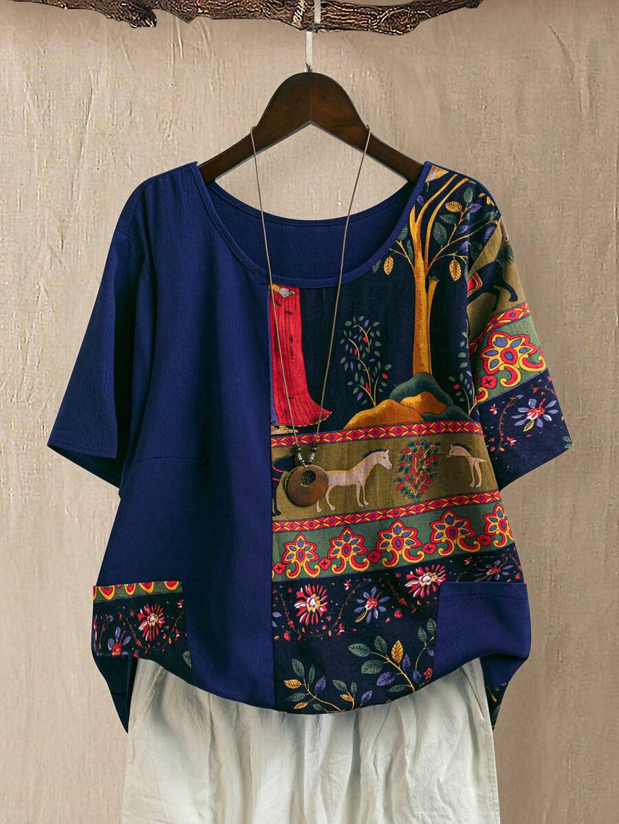 Linhara Plus Size Women Vintage Style Colorblock Pattern Pullover Shirt ...