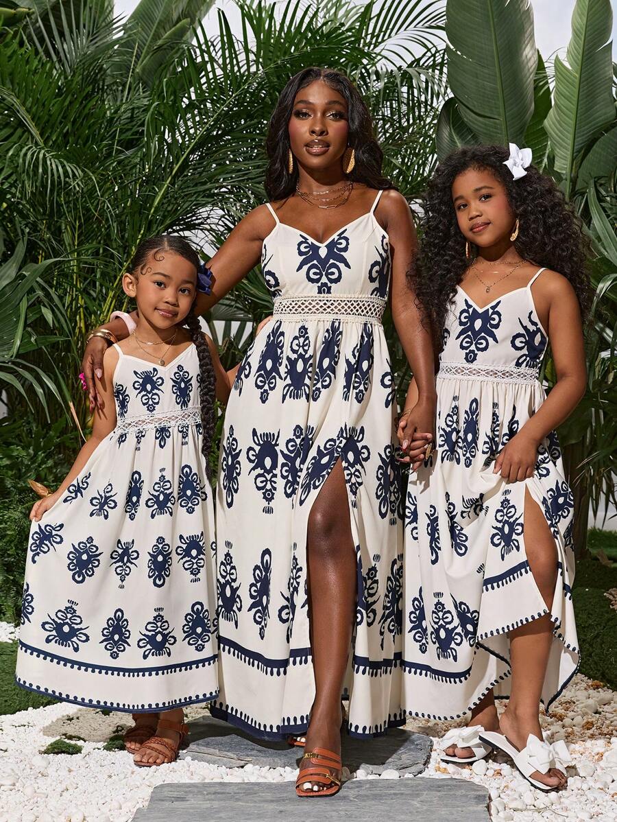 SHEIN Tween Girl Vacation Waist Panel Floral Trim Dress Mommy And Me ...