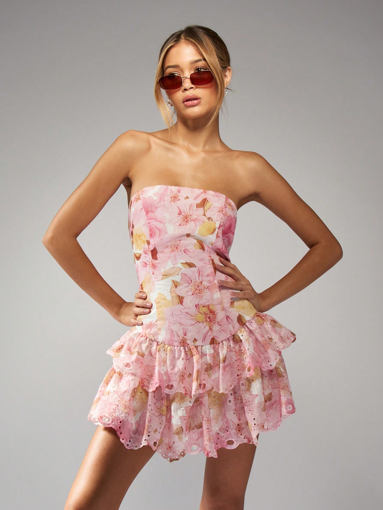 Floral Broderie Anglaise Mini Dress Strapless Tiered Ruffle Summer ...