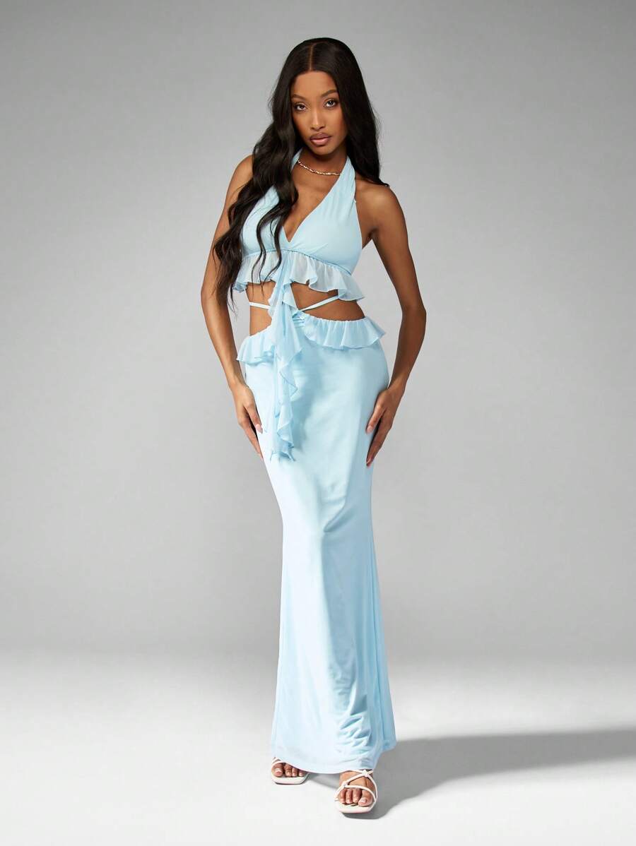 MISSGUIDED Elegantes Tüll-Rüschen-Halter-Zwei-Teiler-Maxikleid-Sommer ...