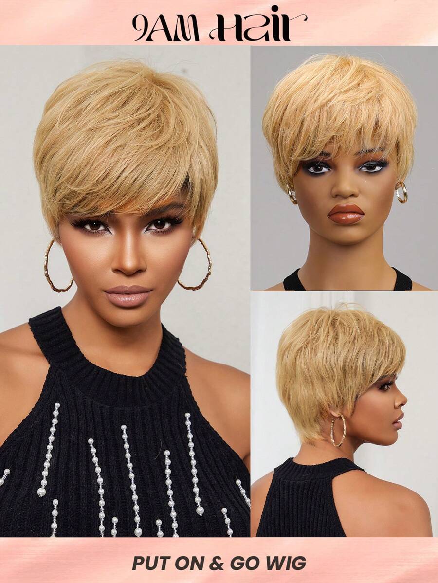 Short Straight Pixie Cut Wig With Bangs Golden Color Daily Use Wig For ...