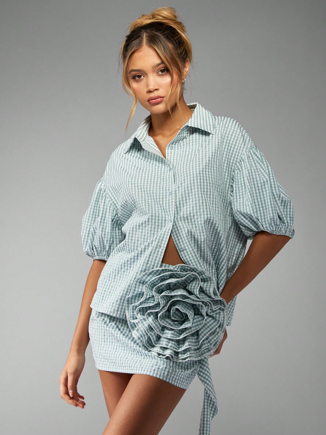 MISSGUIDED Puff Sleeve Mini Skirt Gingham Floral Two Piece Outfit ...