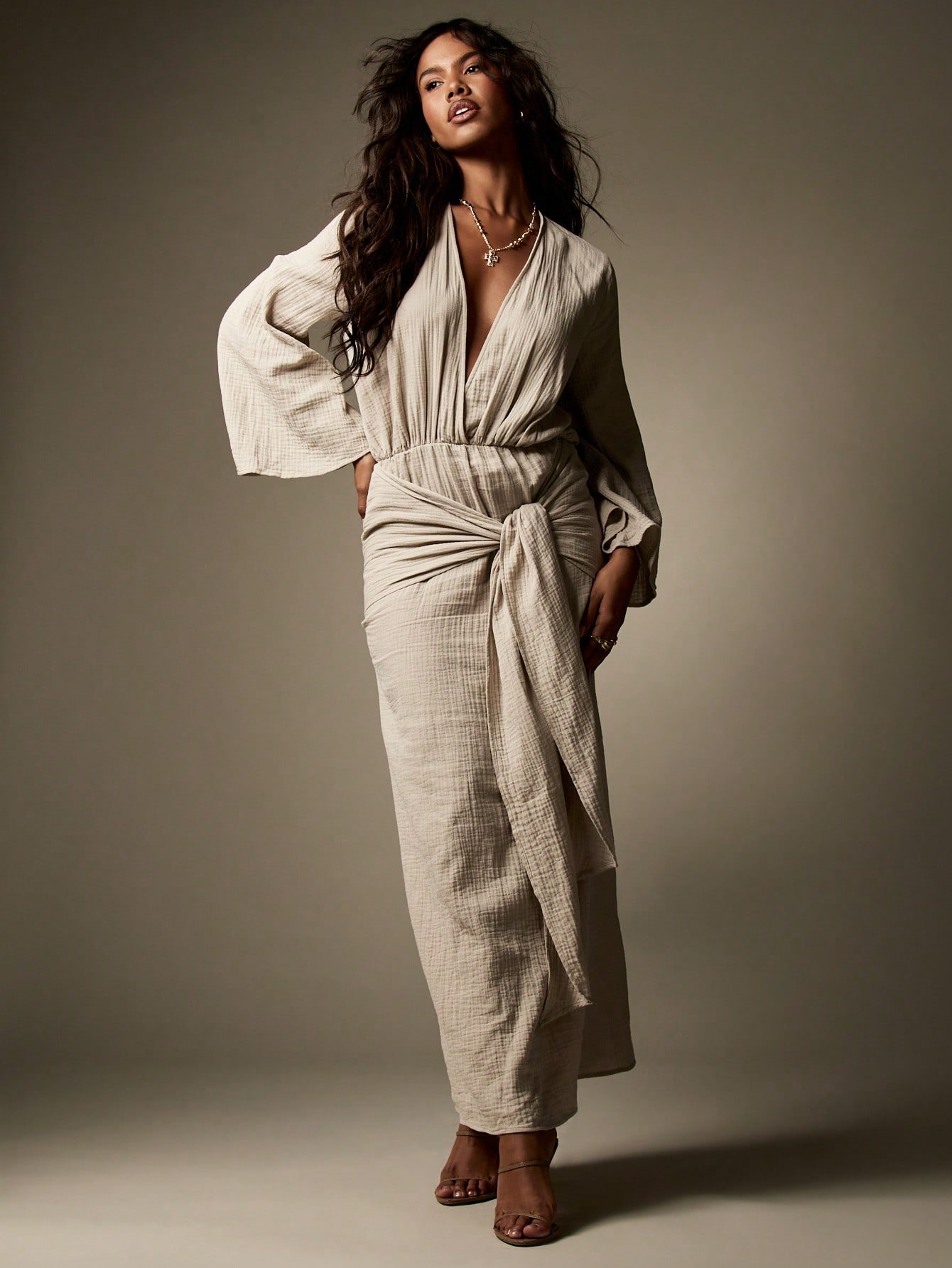 Elegant Long Sleeve Wrap Maxi Dress With Knot Detail Flowy Beach ...