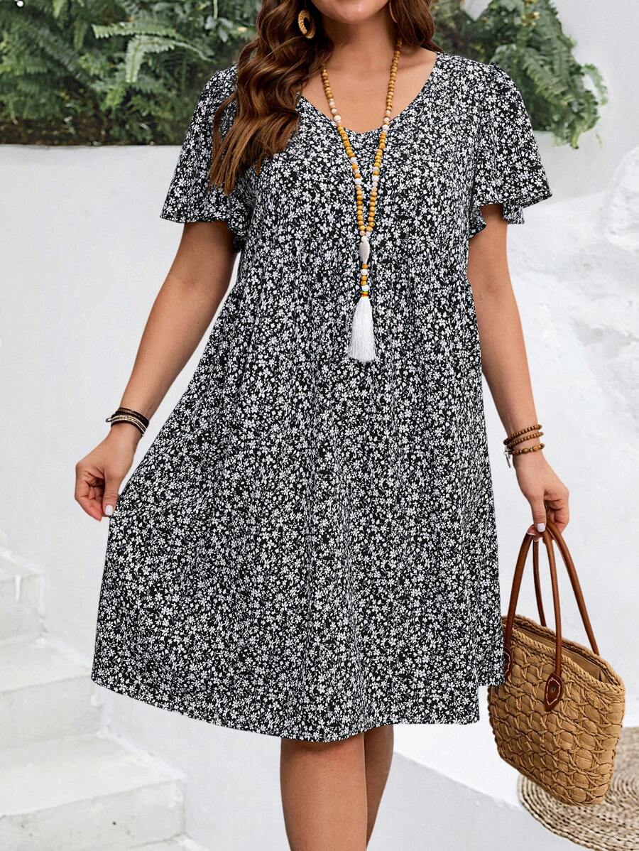 EMERY ROSE Plus Size Women's Summer Ditsy Floral Ruffle Sleeve Holiday Dress Flowy Dress | SHEIN USA
