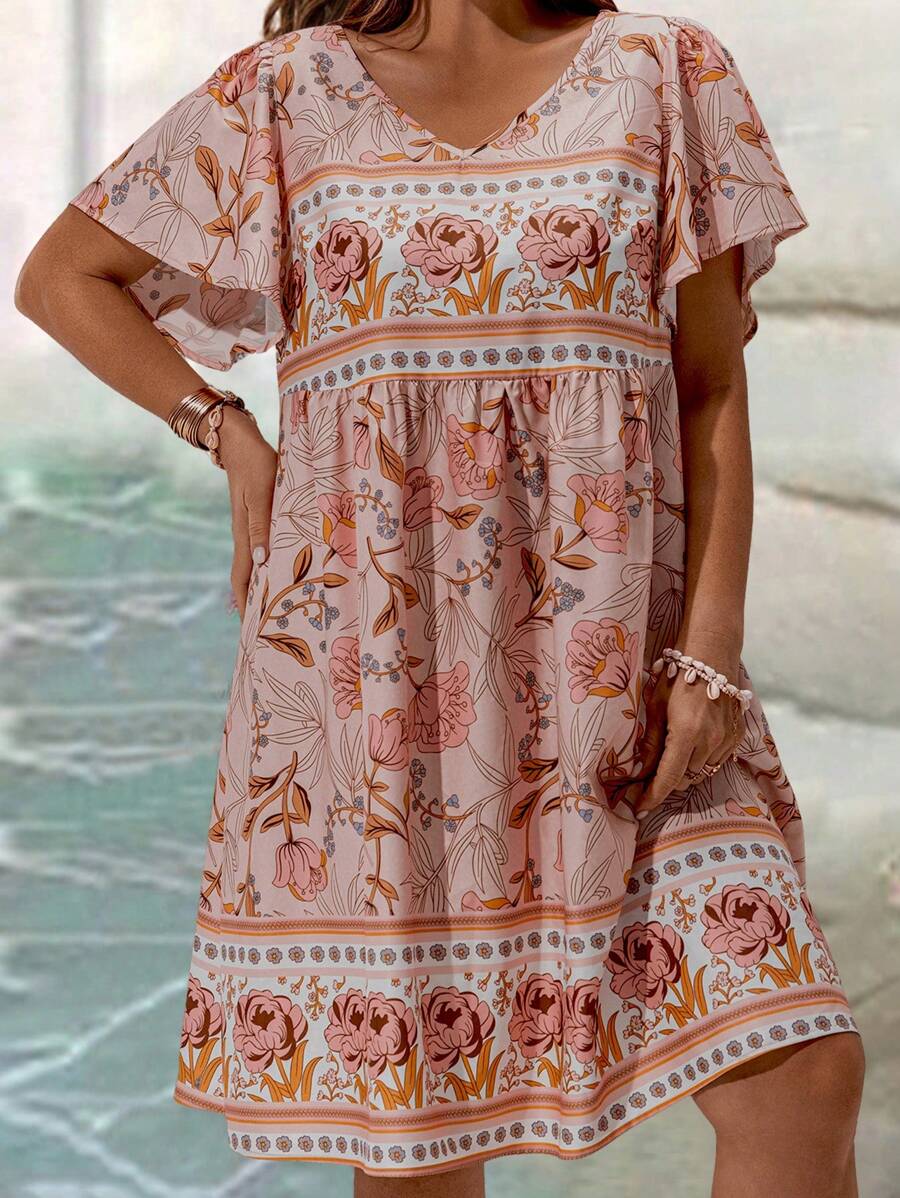 EMERY ROSE Plus Size Casual Floral Print Dress, Vacation Style Summer Outfits For Women Tropical ...