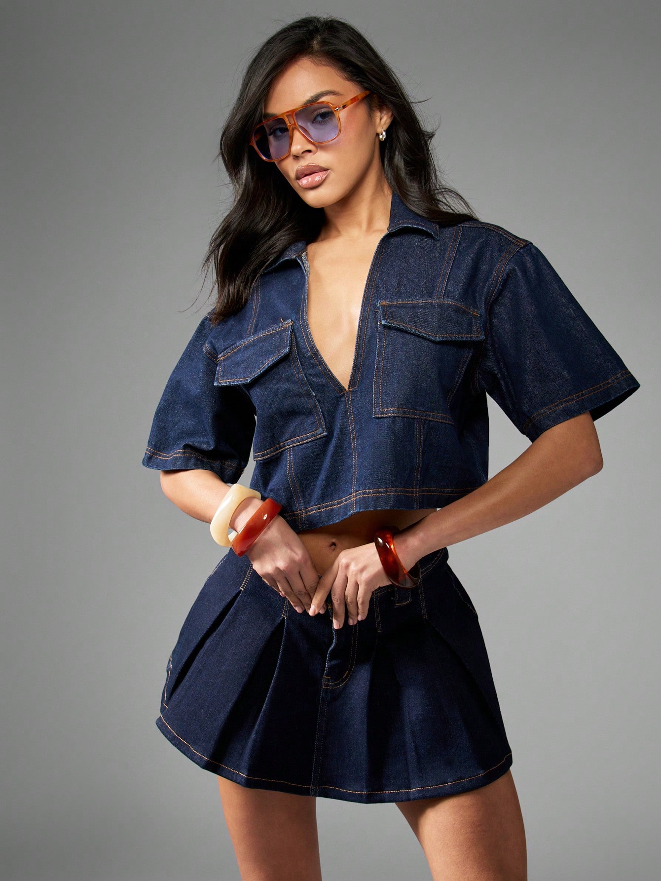 Oversized Crop Denim Button Front Top｜MISSGUIDED