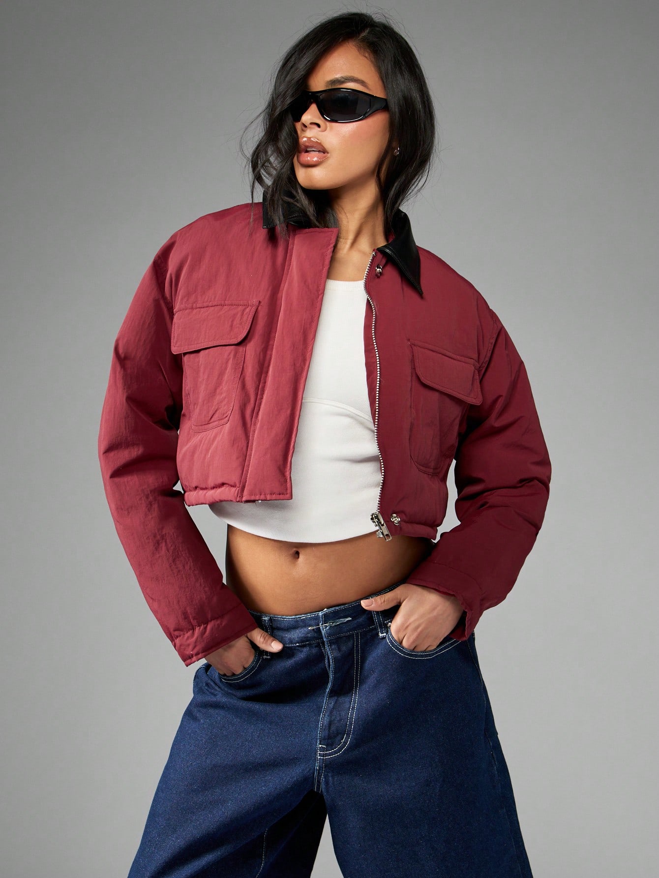 Luxe Cropped Utility Bomber Jacket With Zip Front Oversized Fit Perfect ...