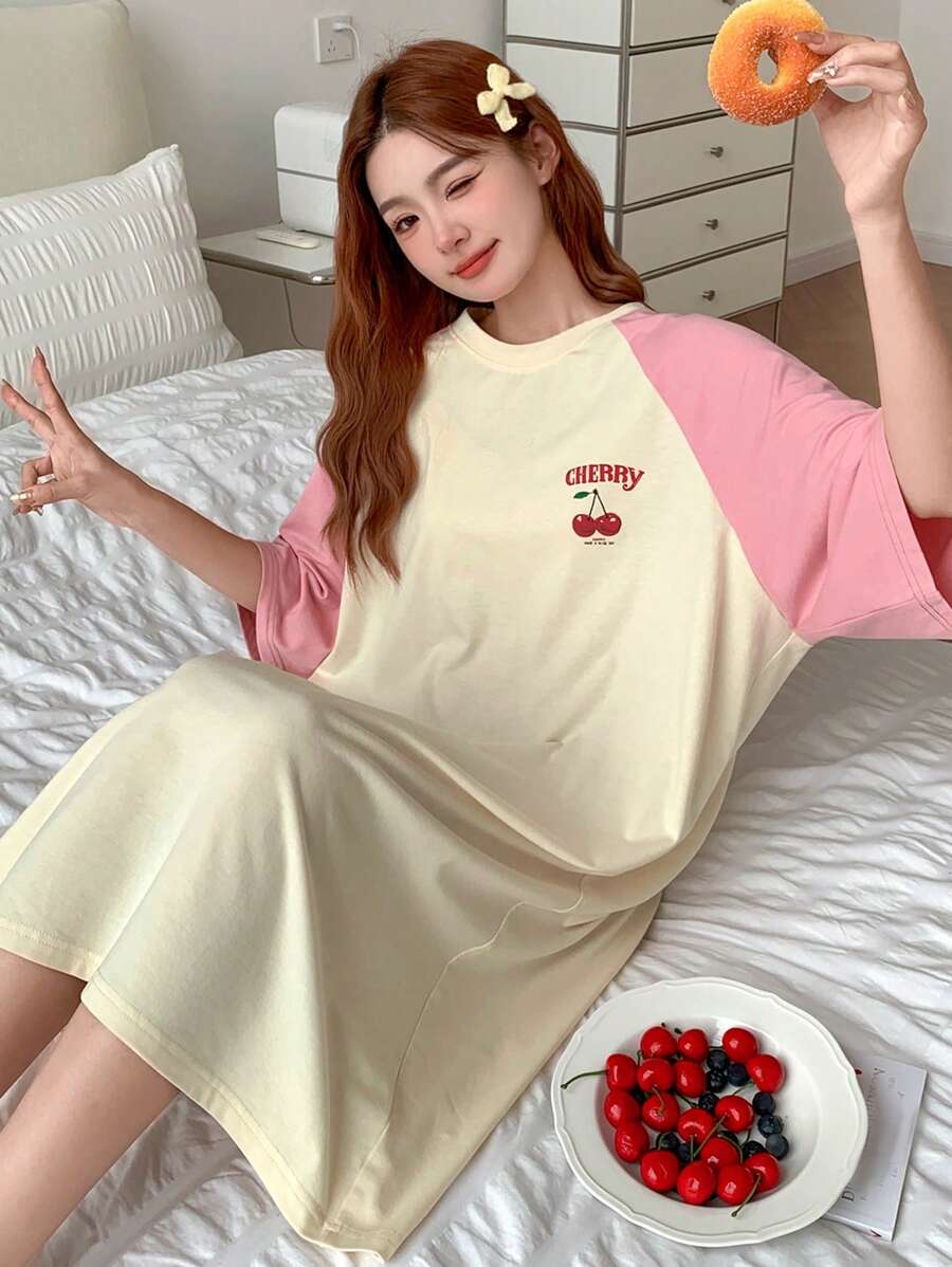 DAZY Cute Cherry Print Contrast Raglan Sleeve Loose T-Shirt Nightgown For Women | SHEIN USA