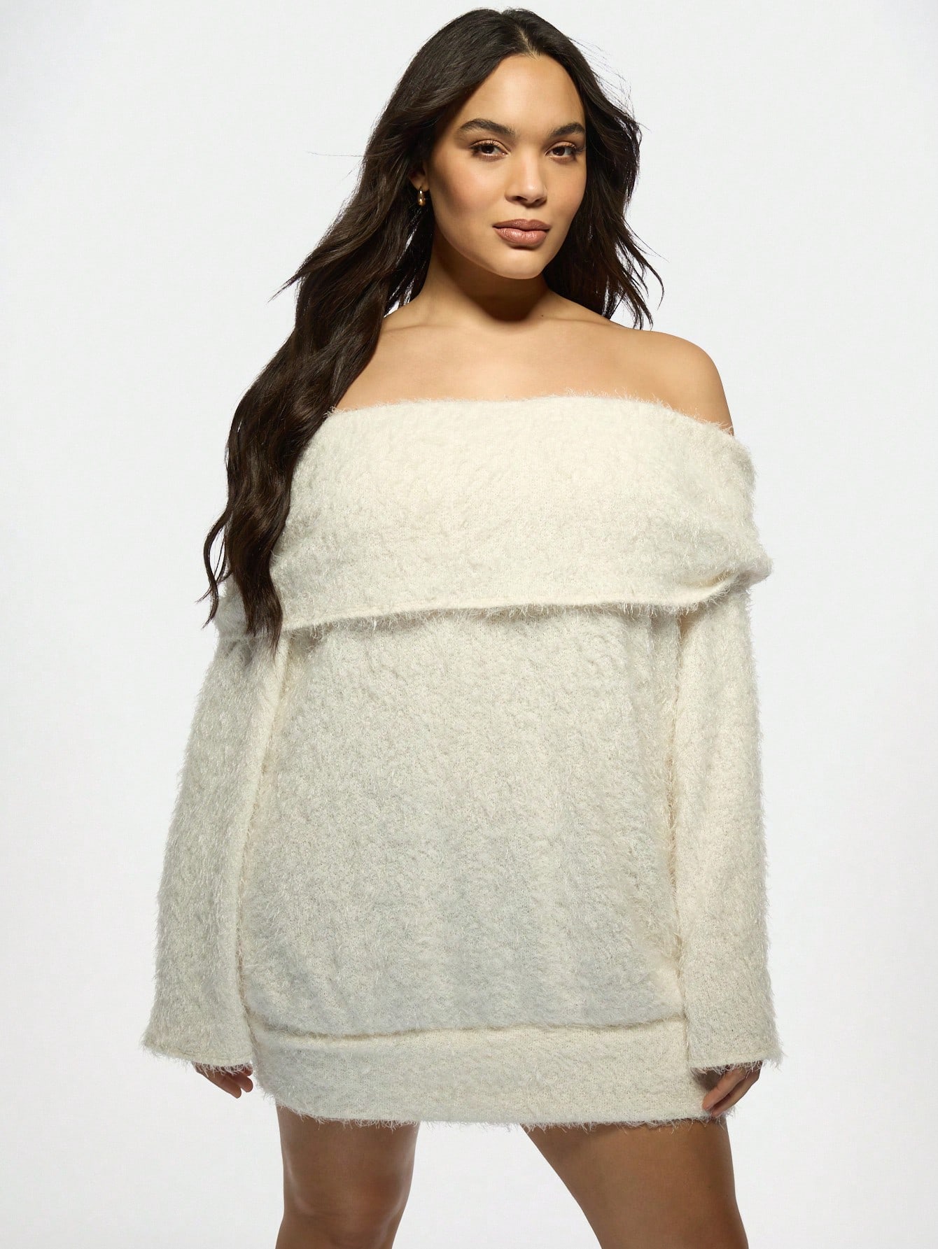 MISSGUIDED PLUS Fuzzy Off Shoulder Flared Long Sleeves Bardot Mini ...