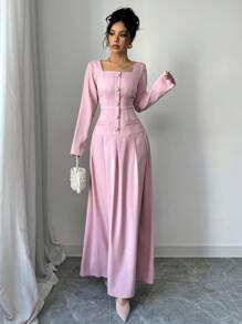 Elenzga Square Neck Long Sleeve Pleated Waist High-End Women Dress ...