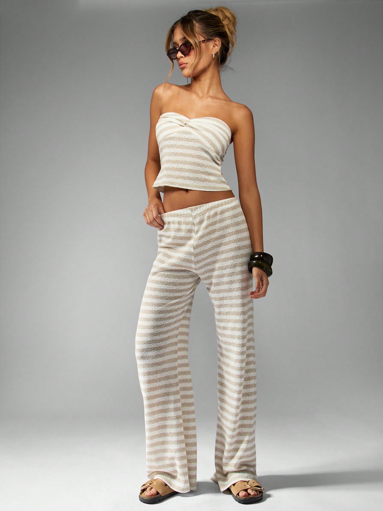 Striped Knit Co-Ord Set With Bandeau Top And Wide Leg Pants｜MISSGUIDED