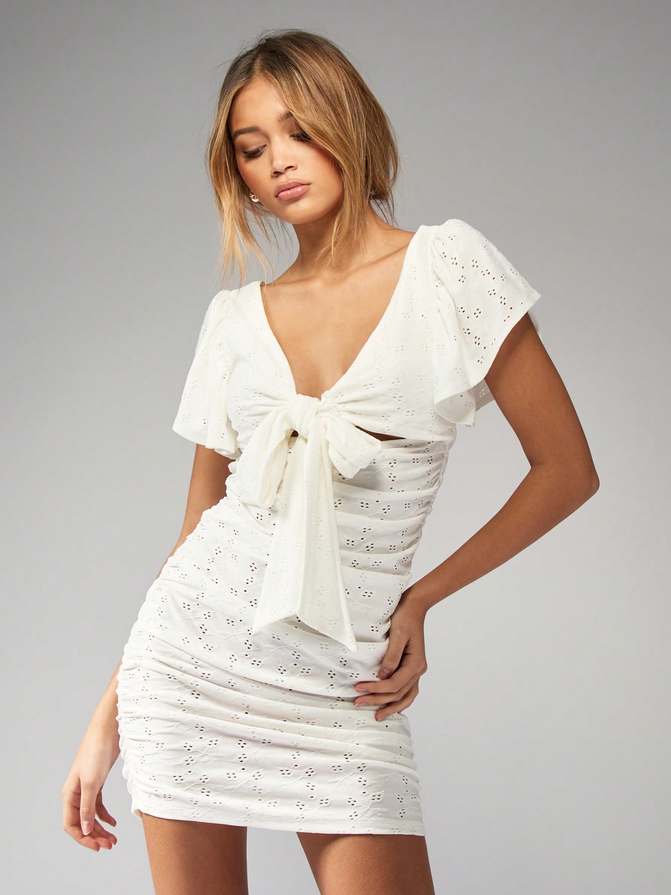Eyelet Lace Mini Dress Flutter Sleeve Tie Front Ruched Summer Spring ...