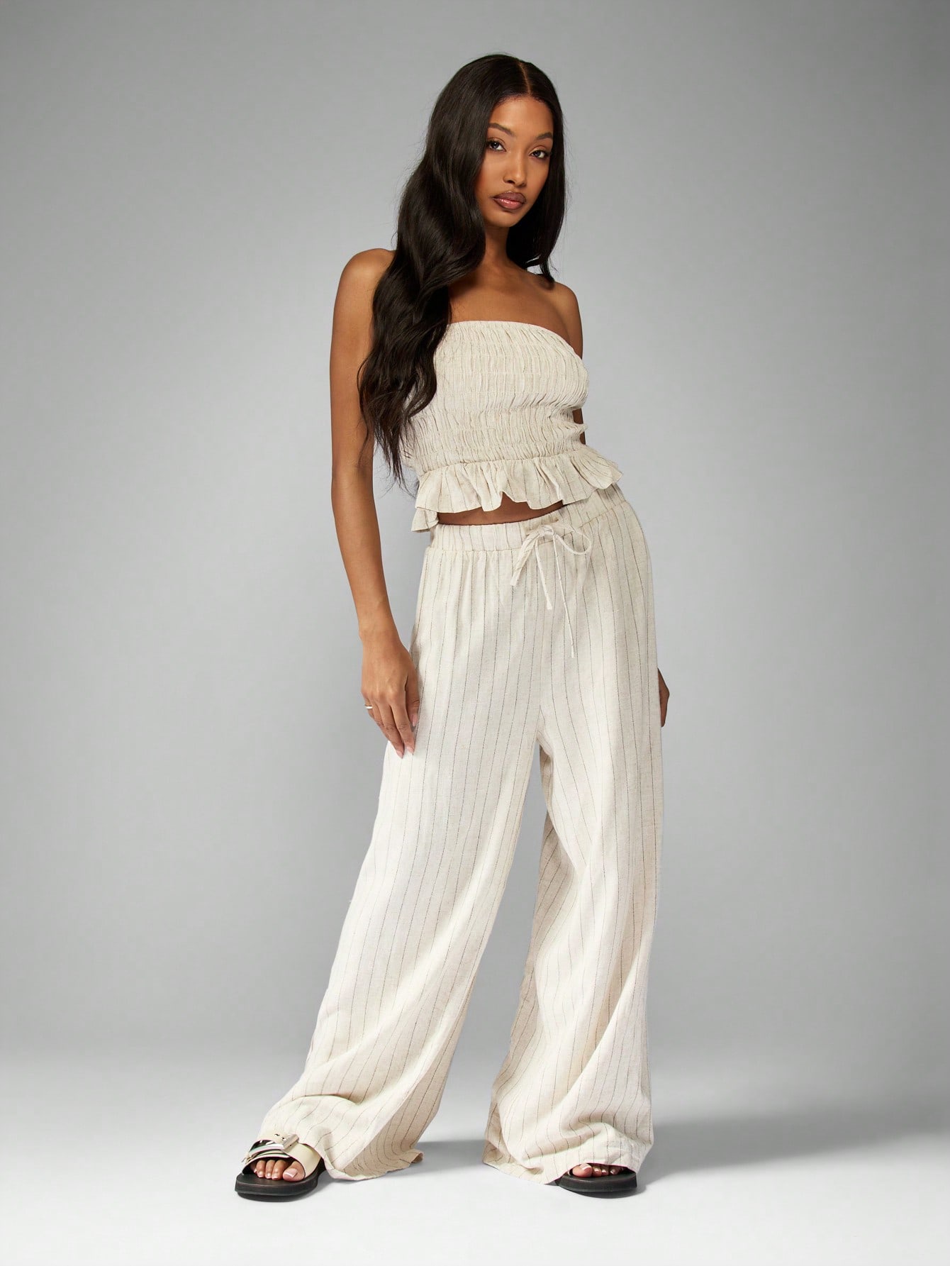 Crinkle Textured Bandeau Ruffle Hem Crop Top And Wide Leg Palazzo Pants ...