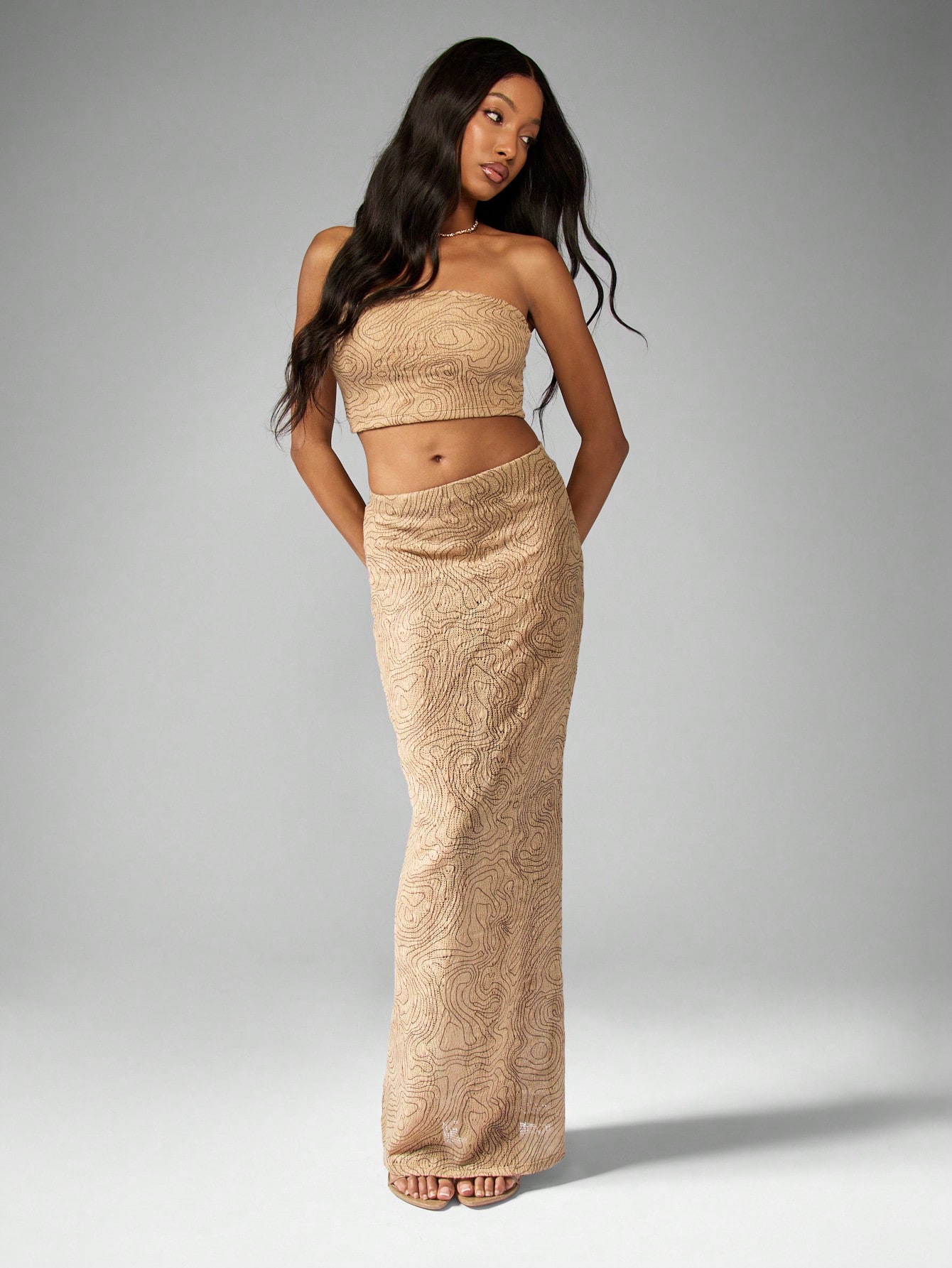 Two-Piece Contour-Pattern Knit Bandeau Top And Maxi Skirt Set ...