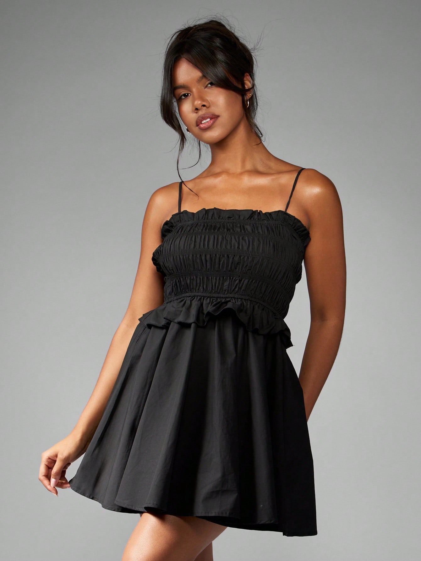 Shirred Poplin Mini Dress Summer Party Ruffle Trim Spaghetti Strap ...