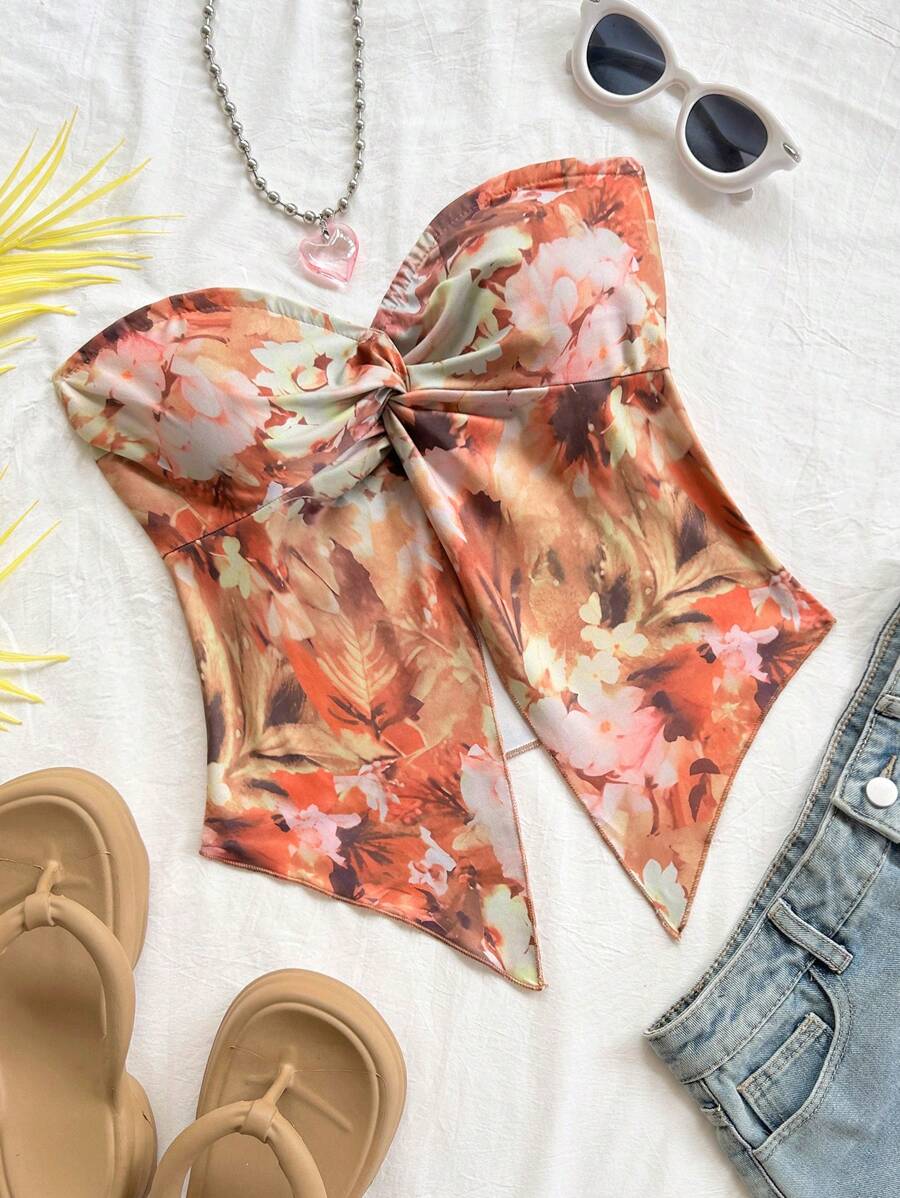 Soleia Vintage Floral Print Front Split Crop Top, Comfortable Holiday ...