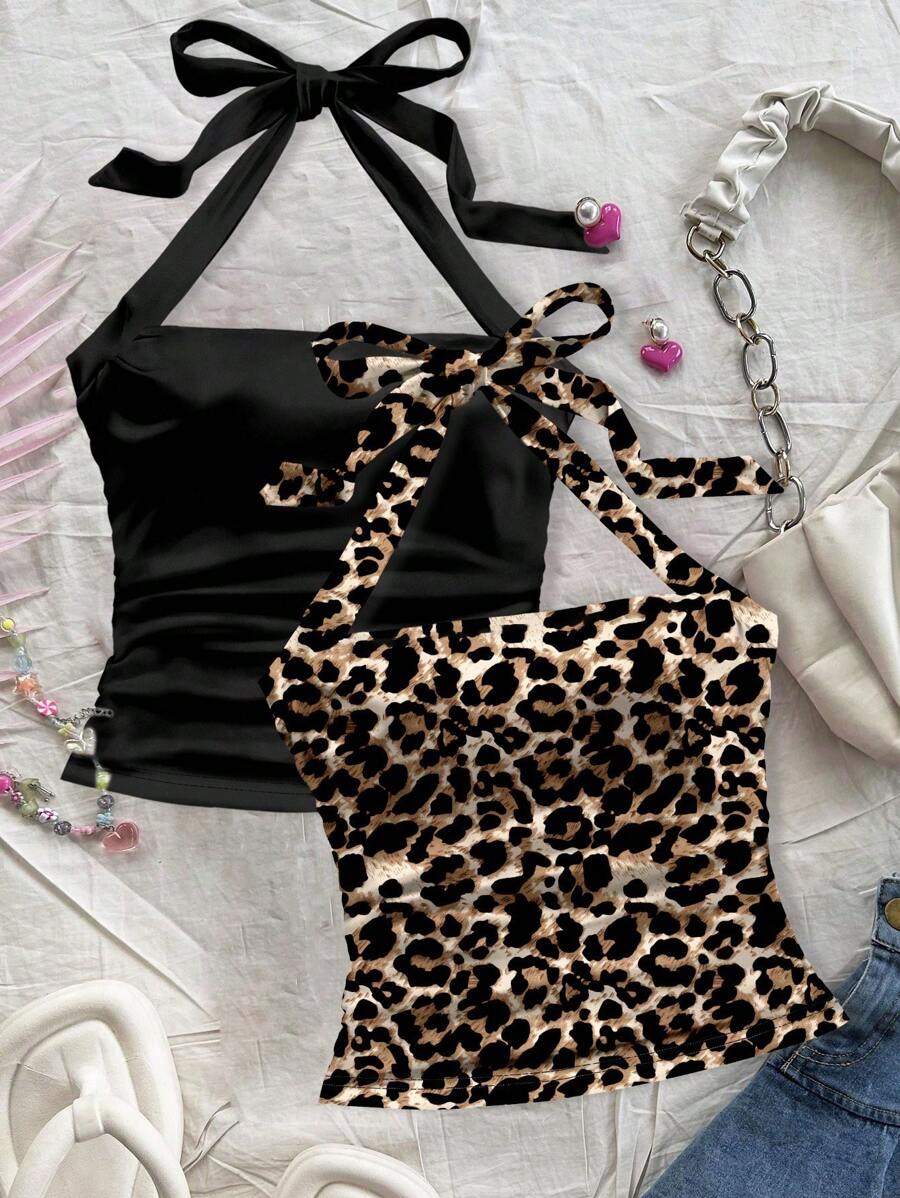 Soleia 2pcs/Set Leopard Print Halter Neck Backless Gathered Ruched ...