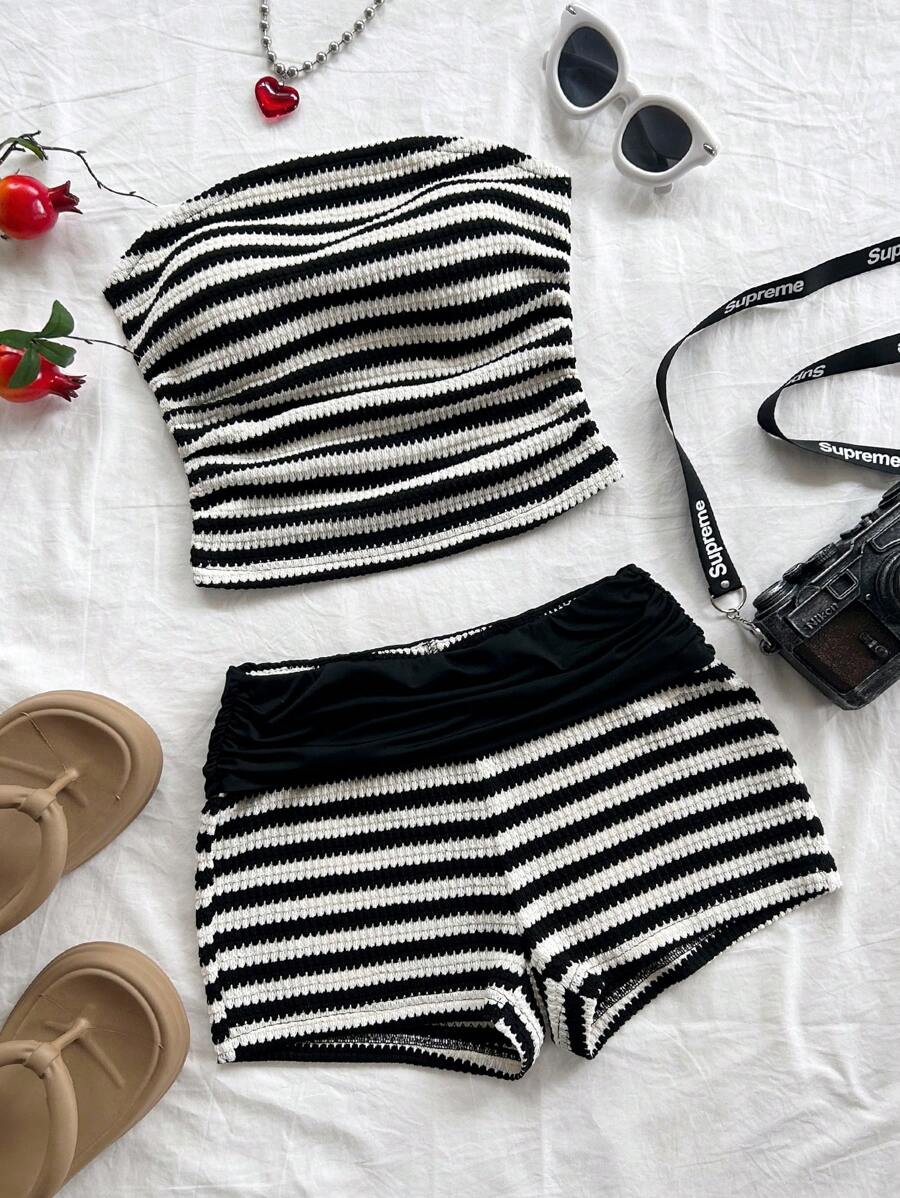 Soleia Women 2pcs/Set Holiday Striped Ruched Tube Top & Low Waist ...