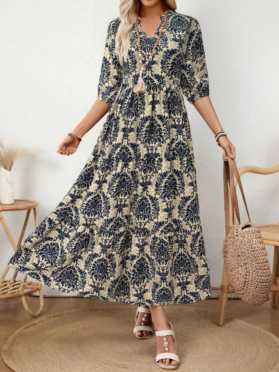 EMERY ROSE Spring & Summer Casual V-Neck Mid-Sleeve Splice Patchwork Mid-Length Dress For Ladies ...