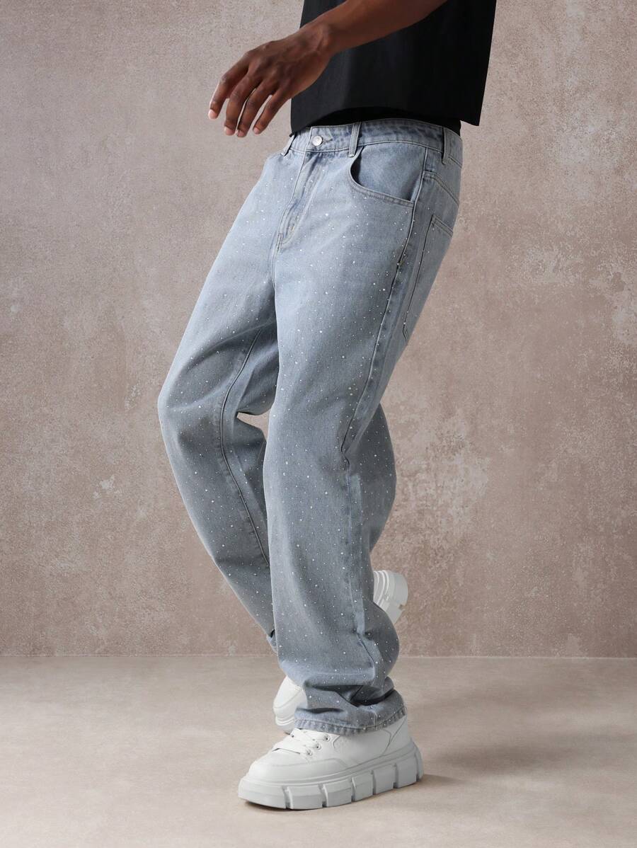 SUMWON Sparkle Crystal Embellished Baggy Fit Jeans, Rhinestone Street ...