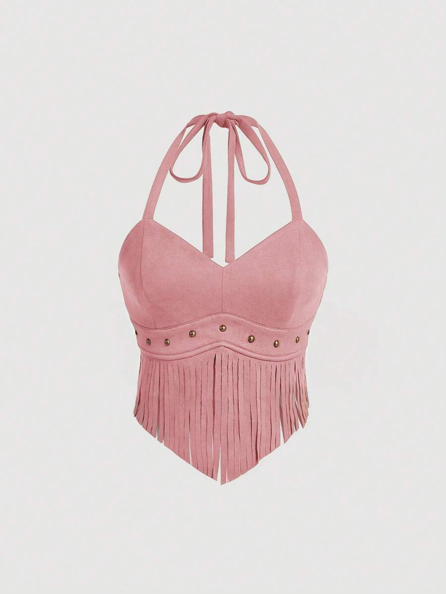 SHEIN MOD Plus Size Vintage Dusty Pink Suede Tassel Halter Neck Top ...