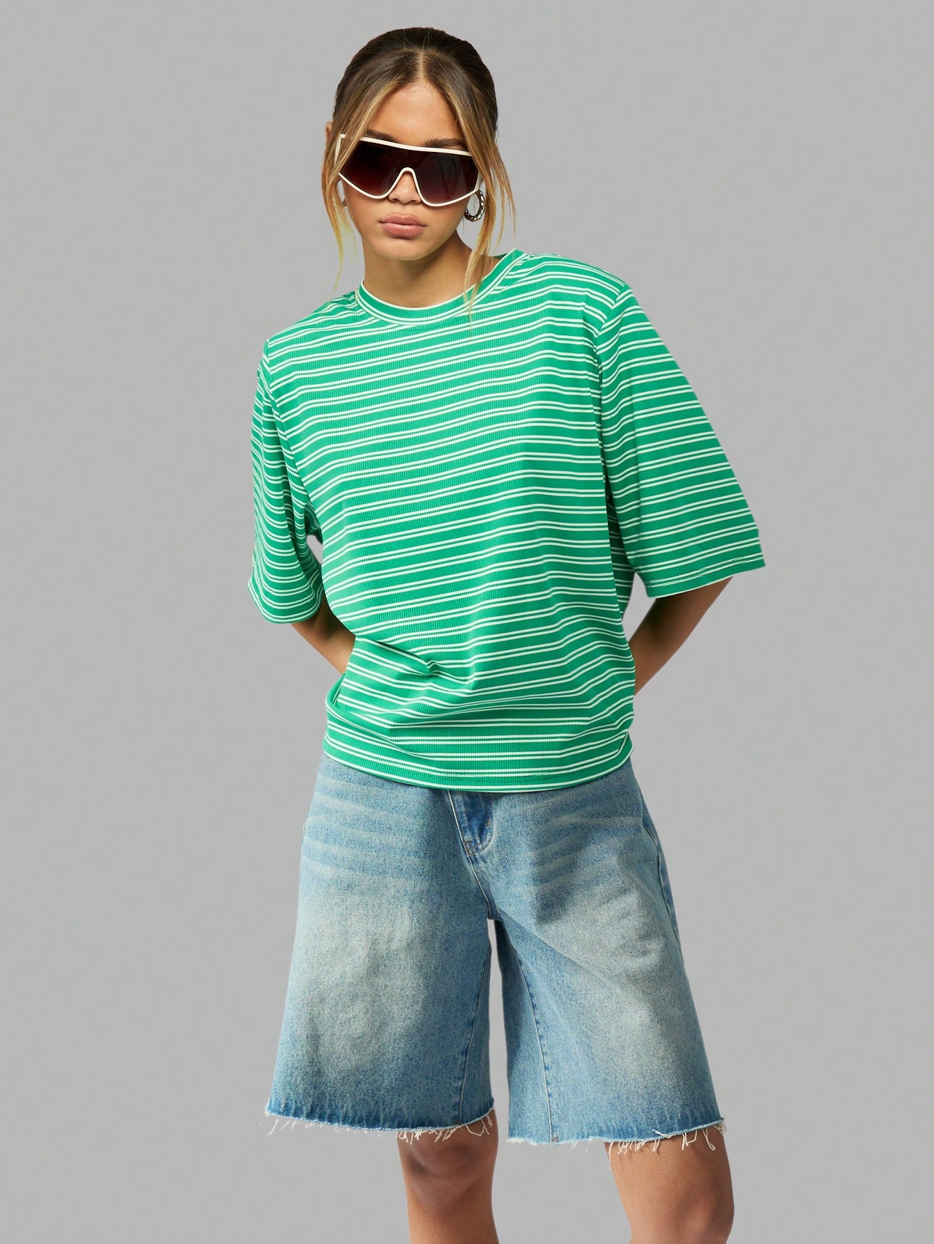 Stripe Rib Oversized Drop Shoulder T Shirt｜MISSGUIDED