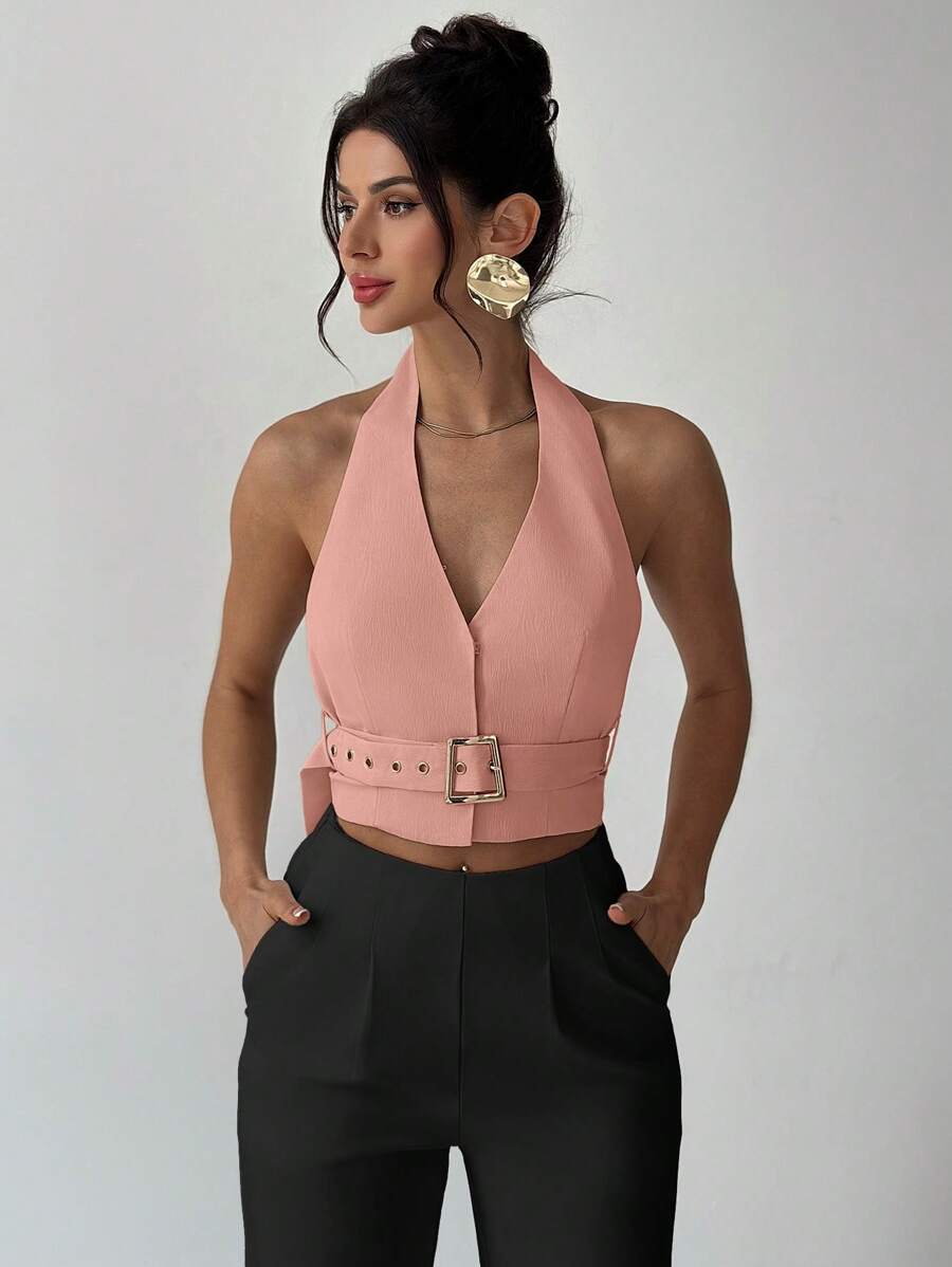 Firerie Women's New V-Neck Halter Style Apricot Top With Belt, Elegant ...