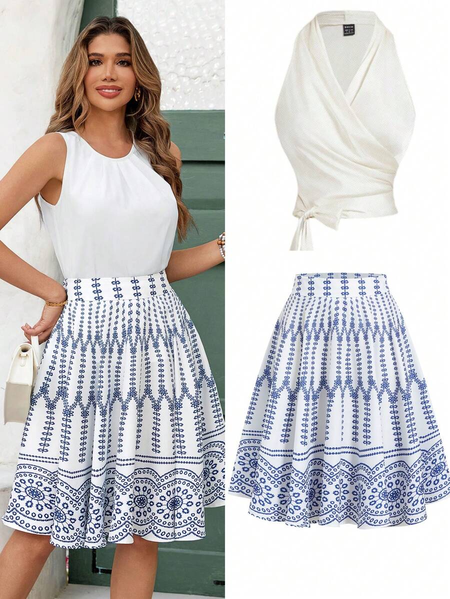Ellevyn Falda azul y blanca con estampado floral de corte evasé ...