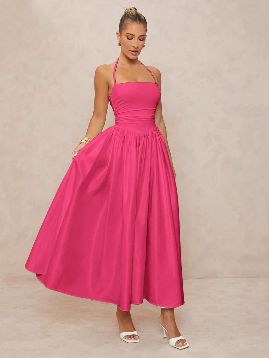 Lumalex Low Cut Neck Satin Patchwork Ruched Cinched Waist Maxi A-Line ...