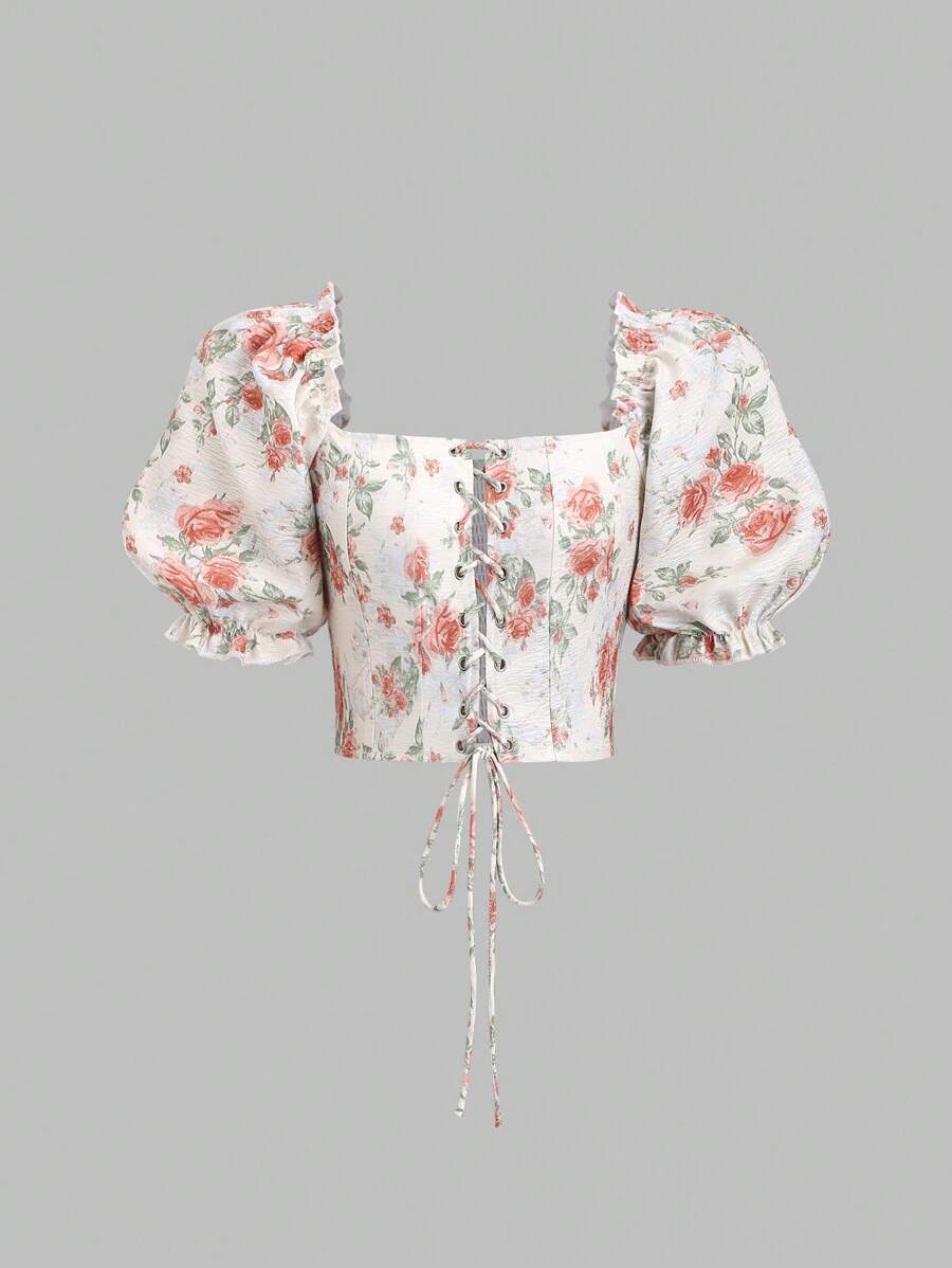 Sweetra Women's New Puff Sleeve Textured Floral Print Tie Front Cropped ...