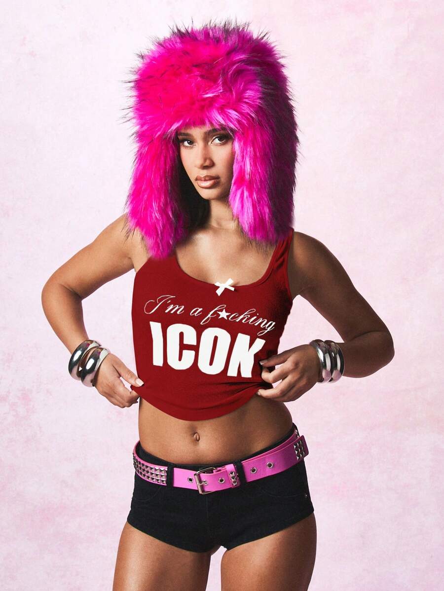 SUMWON WOMEN Crop Top Statement Tank Urban Streetwear Festival Rave Y2K Aesthetic Text Graphic ...