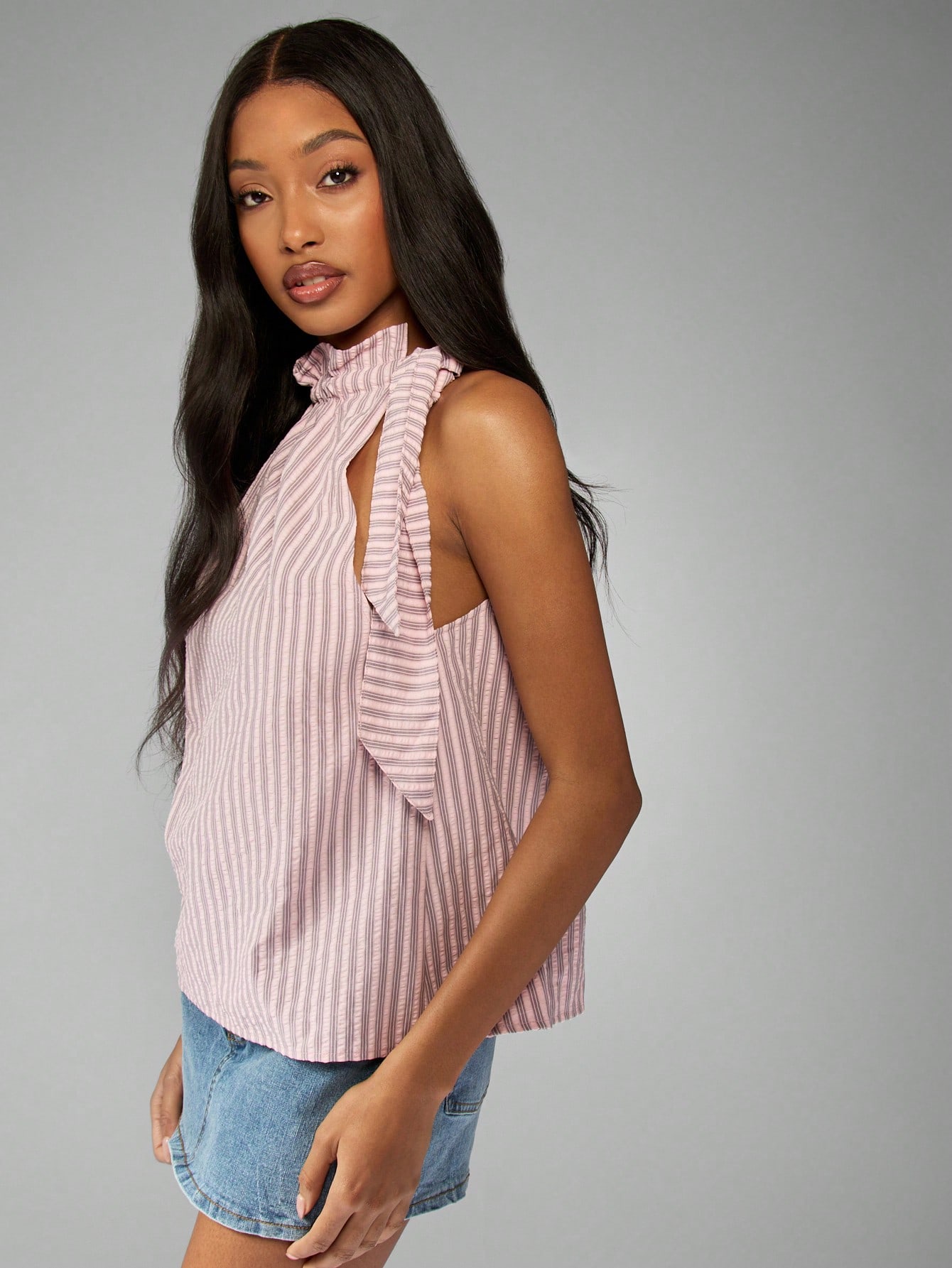 Sleeveless Striped Mock Neck Ruffle Trim Summer Blouse Casual Office ...