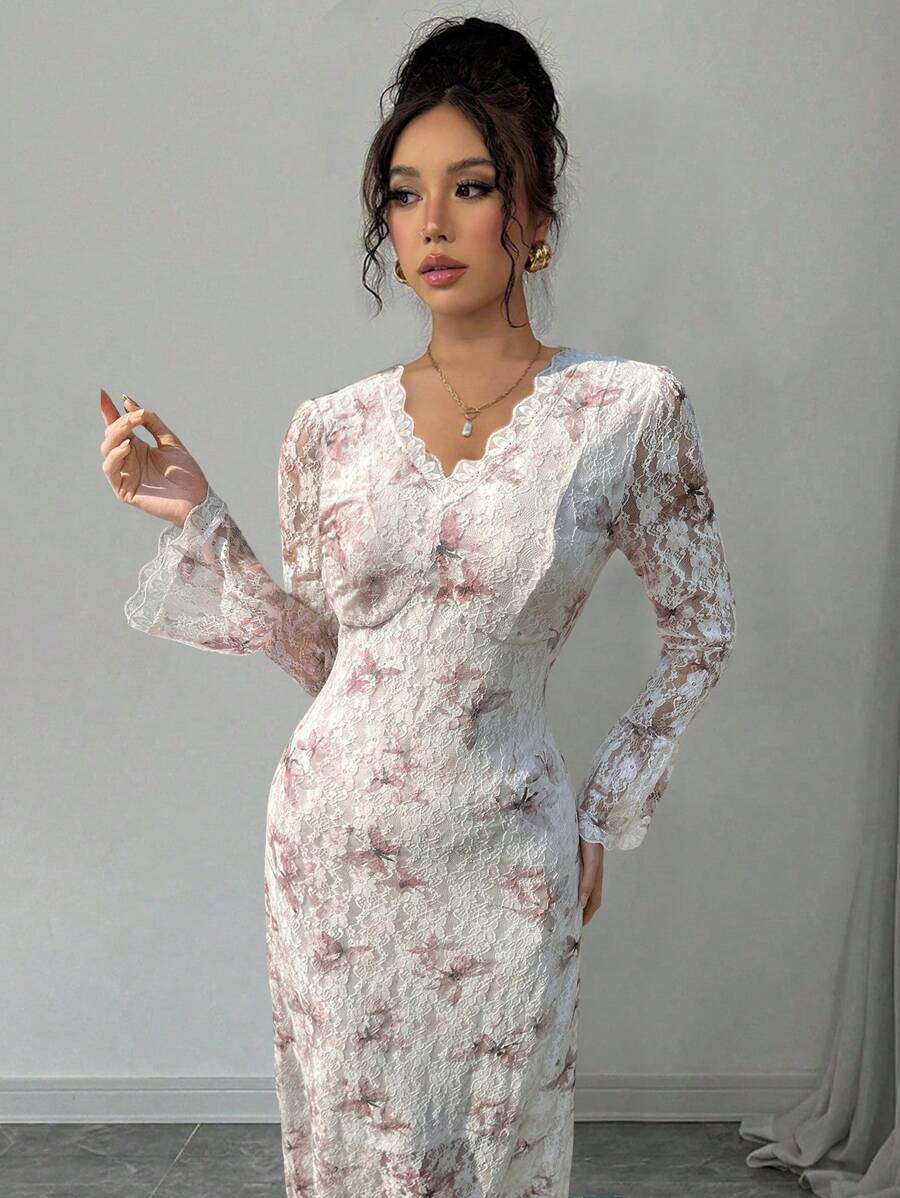 Modelyn Women's Floral Lace V-Neck Flare Sleeve Elegant Dress | SHEIN USA