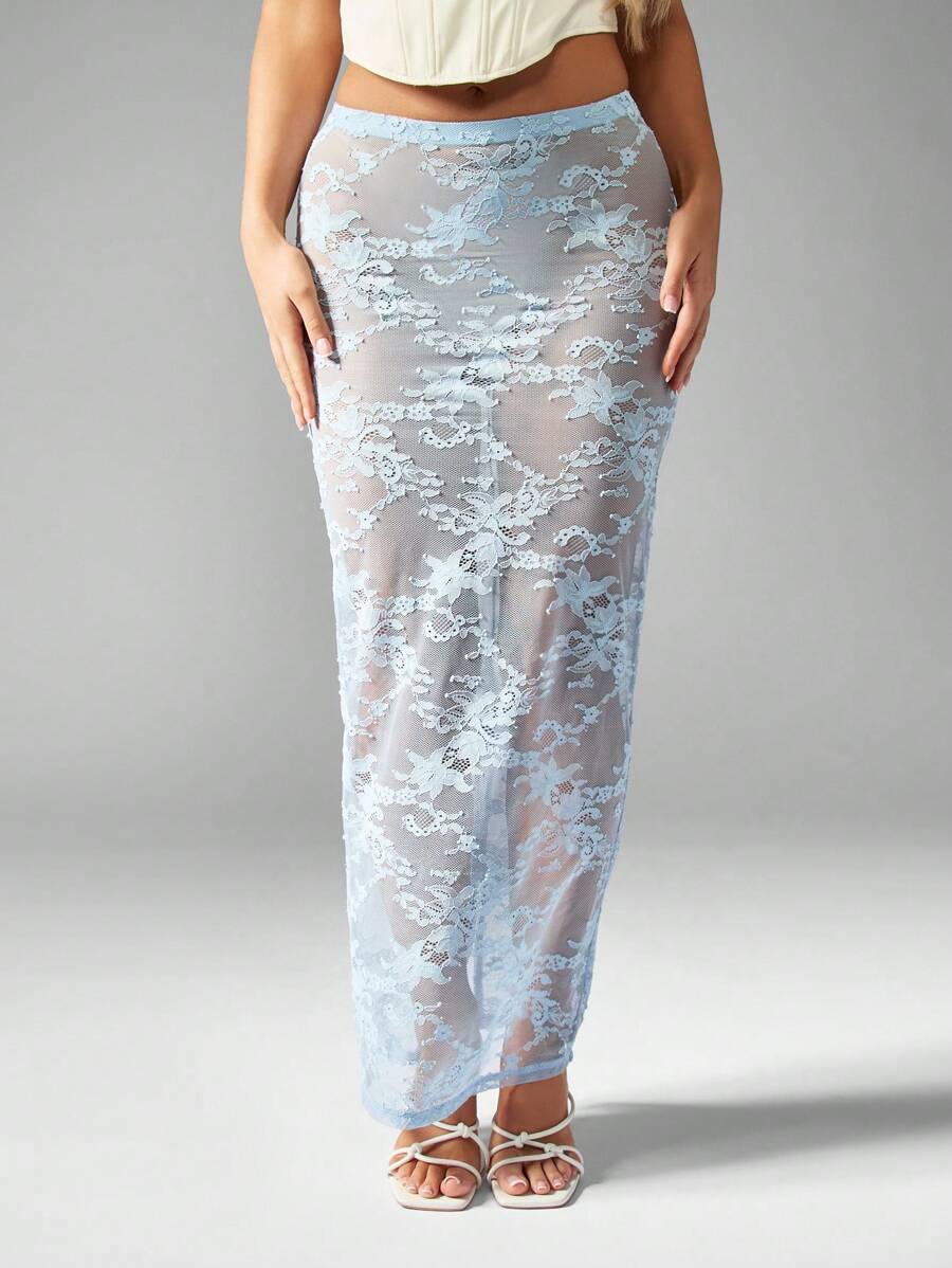 MISSGUIDED Beach Cover Up Maxi Skirt Delicate Floral Lace Mesh Summer ...