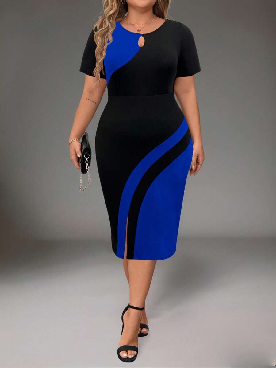 Plus Size Elegant Commuter Colorblock Patchwork Fitted Dress | SHEIN USA