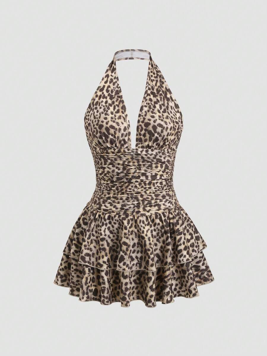 Sweetra Leopard Print Deep V Neck Backless Ruched Ruched Hem Mini Dress ...