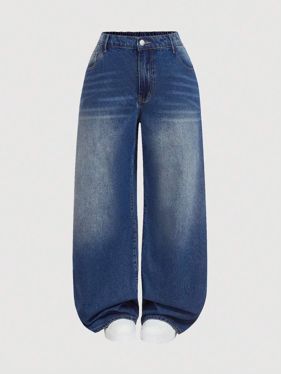 SHEIN MOD MOD Plus Size Low Waist Loose Wide Leg Blue Jeans,Stacked ...