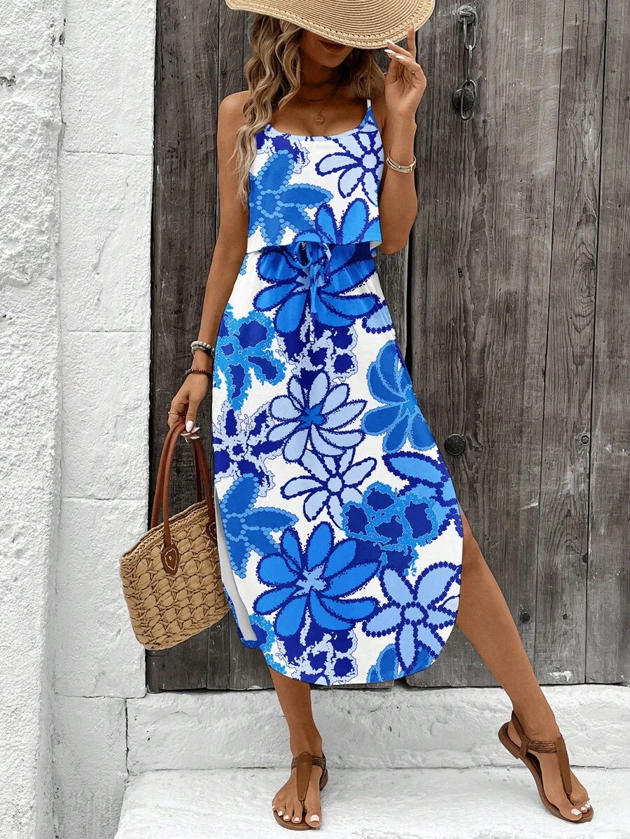 SHEIN LUNE Women's Summer Blue Allover Floral Print Skin-Friendly Tie ...
