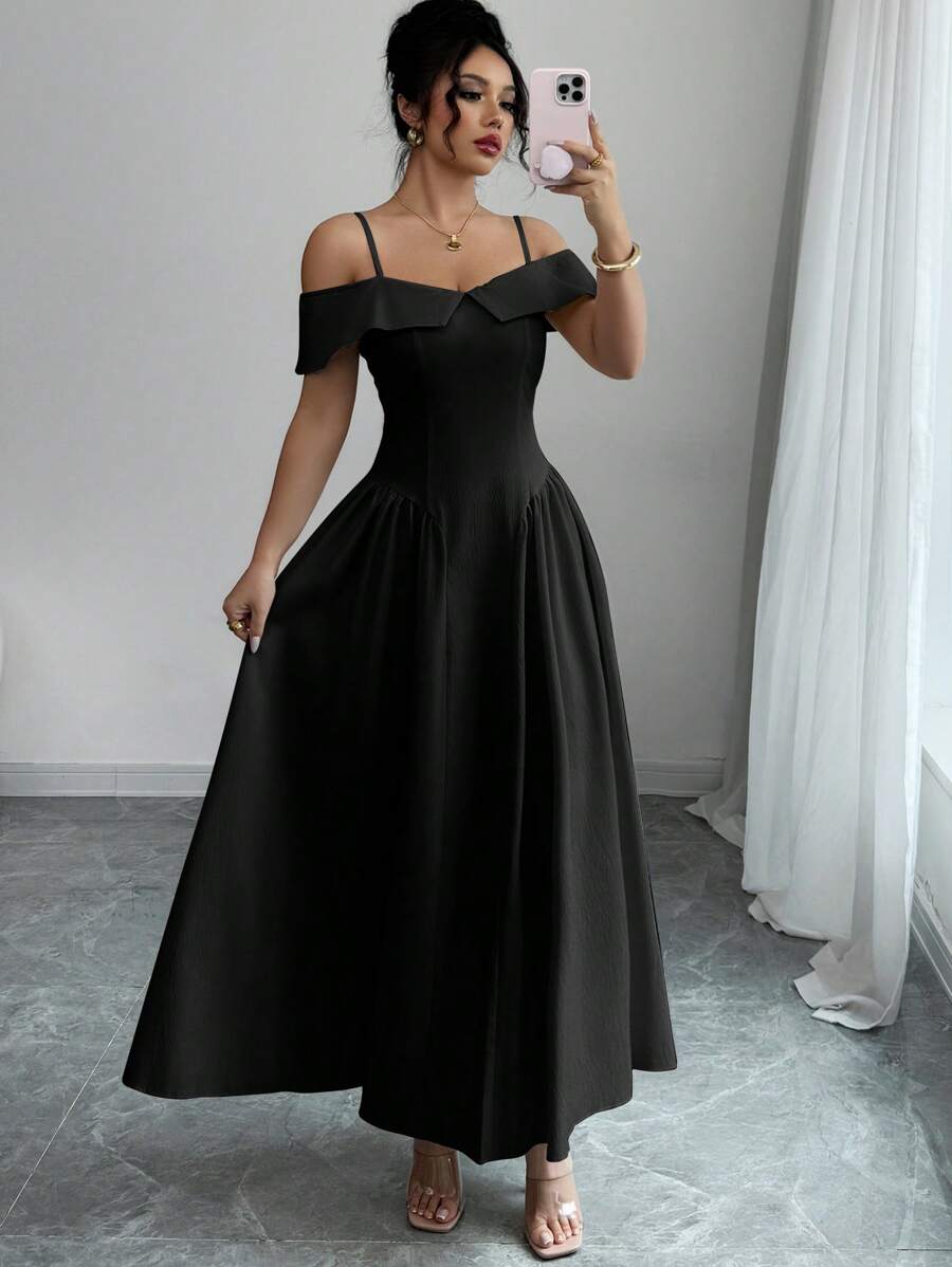 Modelyn Women's Elegant Woven V-Neck Empire Waist Off Shoulder A-Line Dress, Red | SHEIN USA