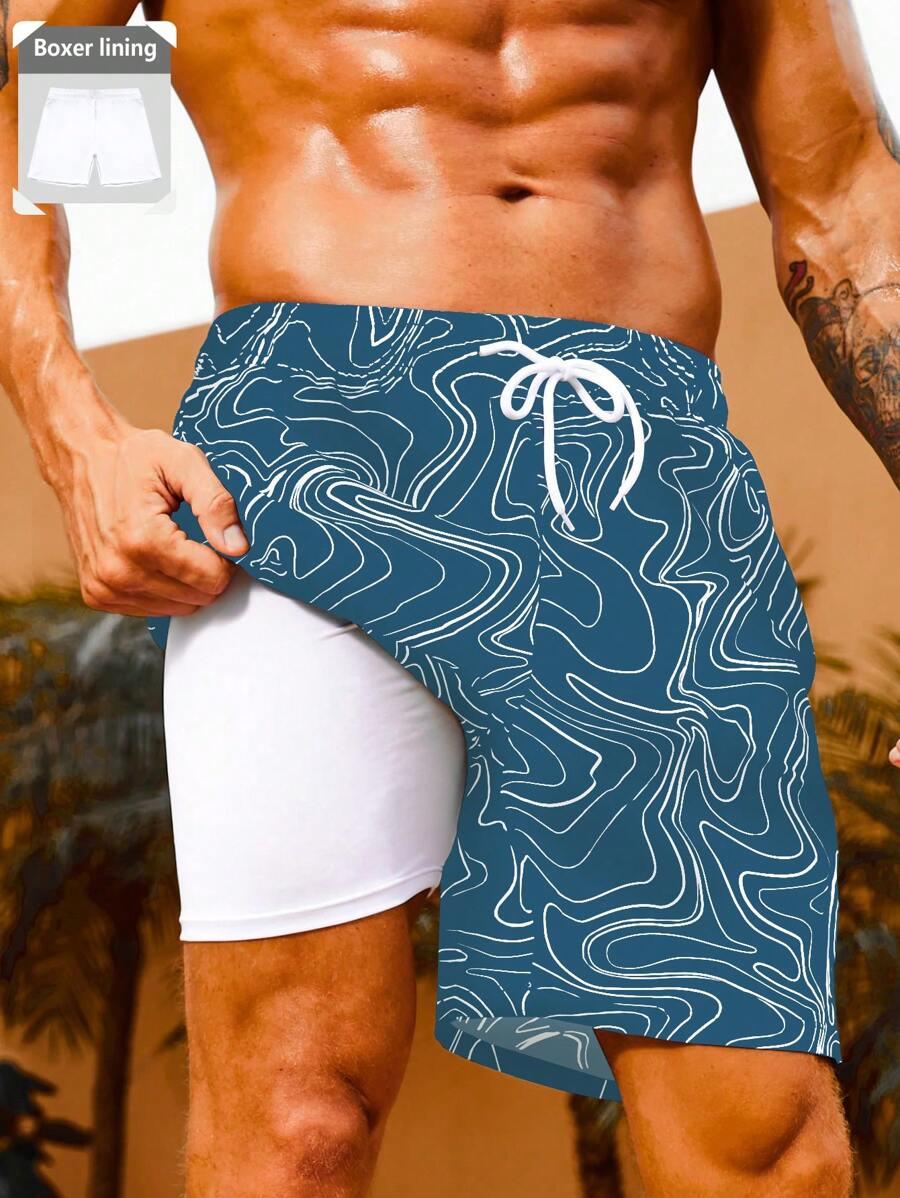 Manfinity Swimmode Men Allover Print Drawstring Waist Swim Trunks Milk ...