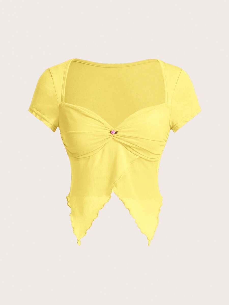 Sweetina Square Neck Gathered Bust Asymmetrical Hem Fitted Short Sleeve ...